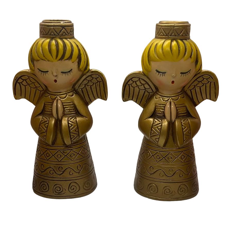 Pair of Praying Christmas Angel Candle Holders, Vintage 1960s Mid Century