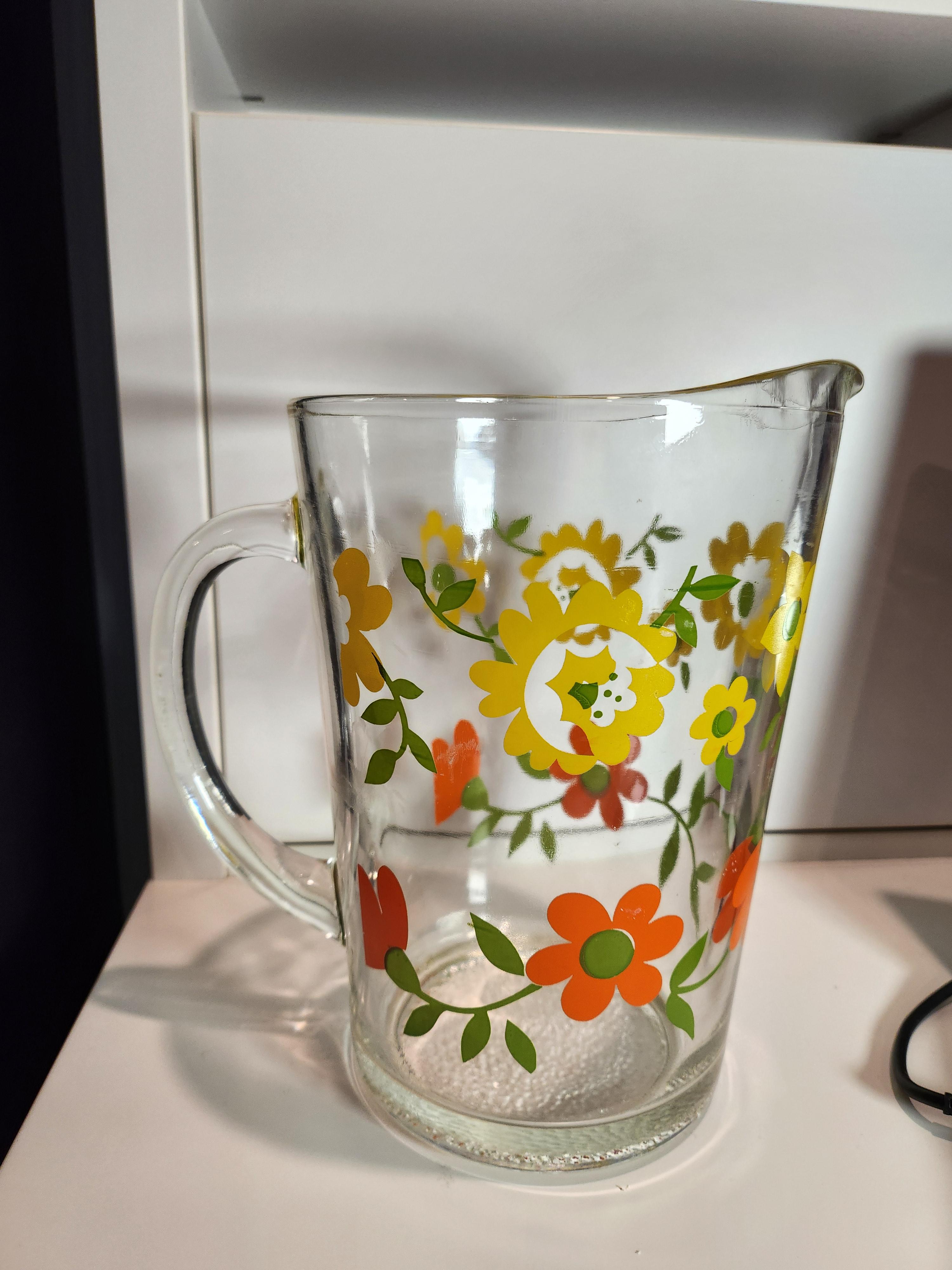 MCM flower pitcher orange and yellow flowers glass VTG water juice