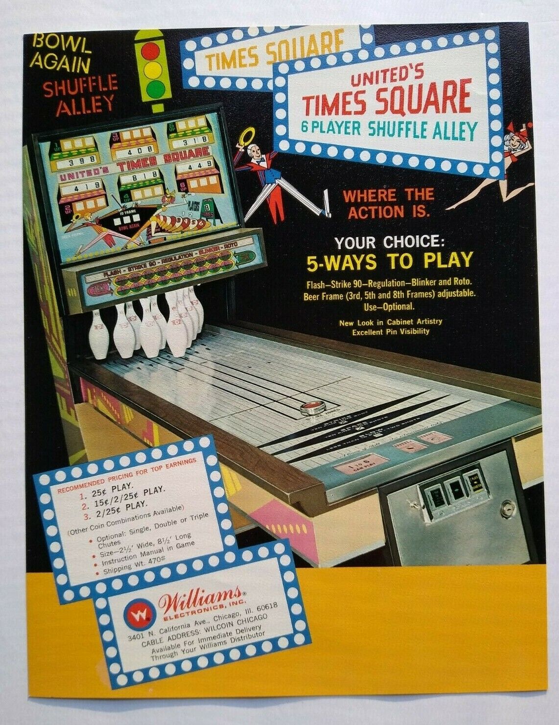 Times Square Arcade FLYER Original 1971 NOS Shuffle Alley Game Art Bowling