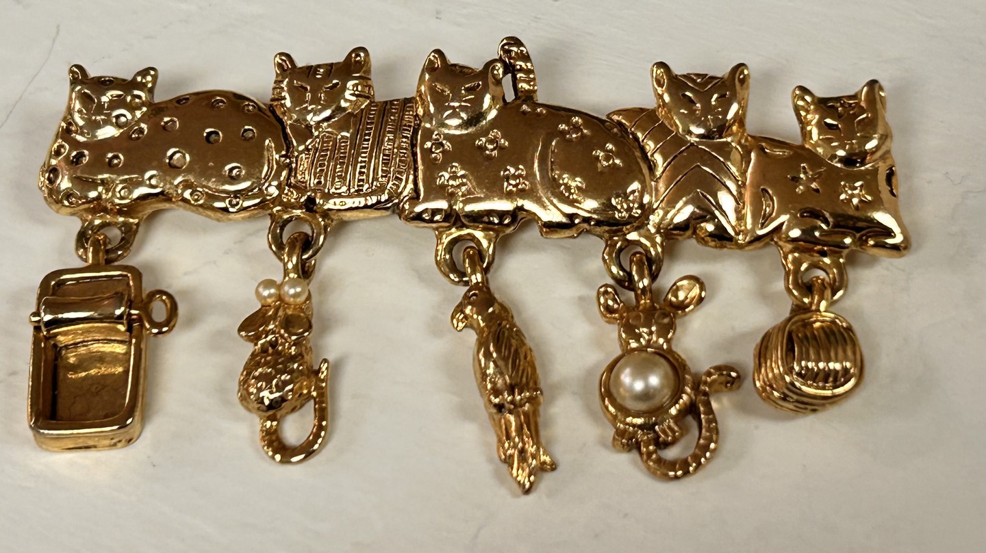 Whimsical CAJC Cat Brooch With Charms