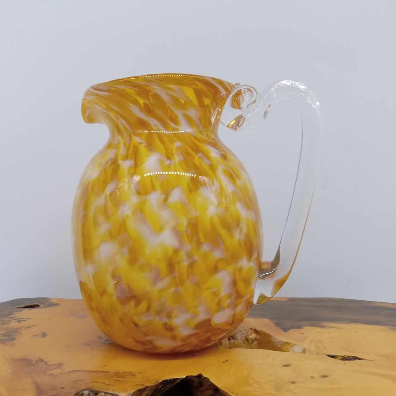 Hand blown yellow glass pitcher, white swirls, applied handle, artist ...