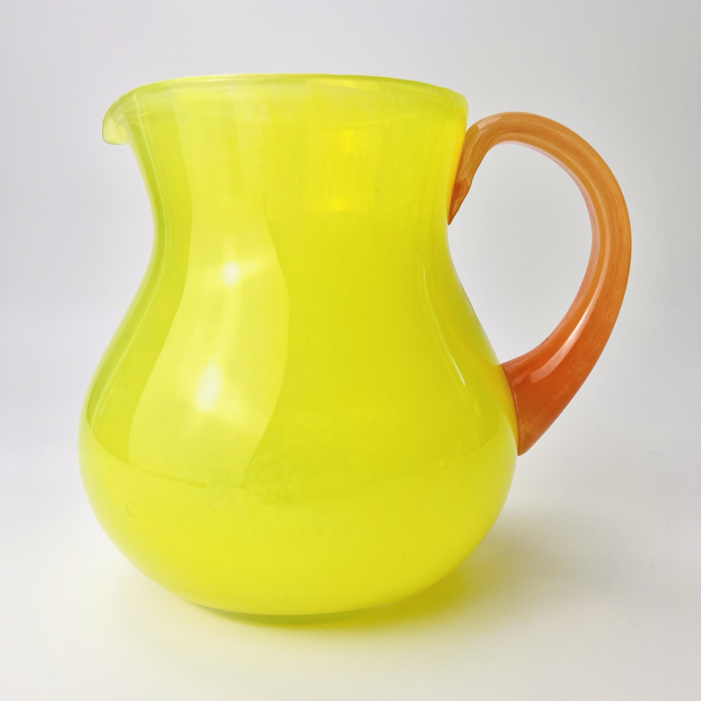Czechoslovakia Art Glass Pitcher Marbled Yellow With Orange Applied Handle