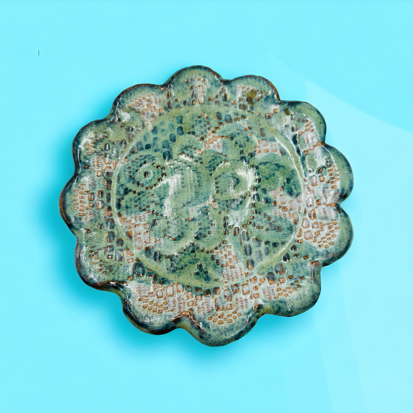 Cheryl Signed Art Pottery Blue Glaze Splotches Over Brown Textured ...