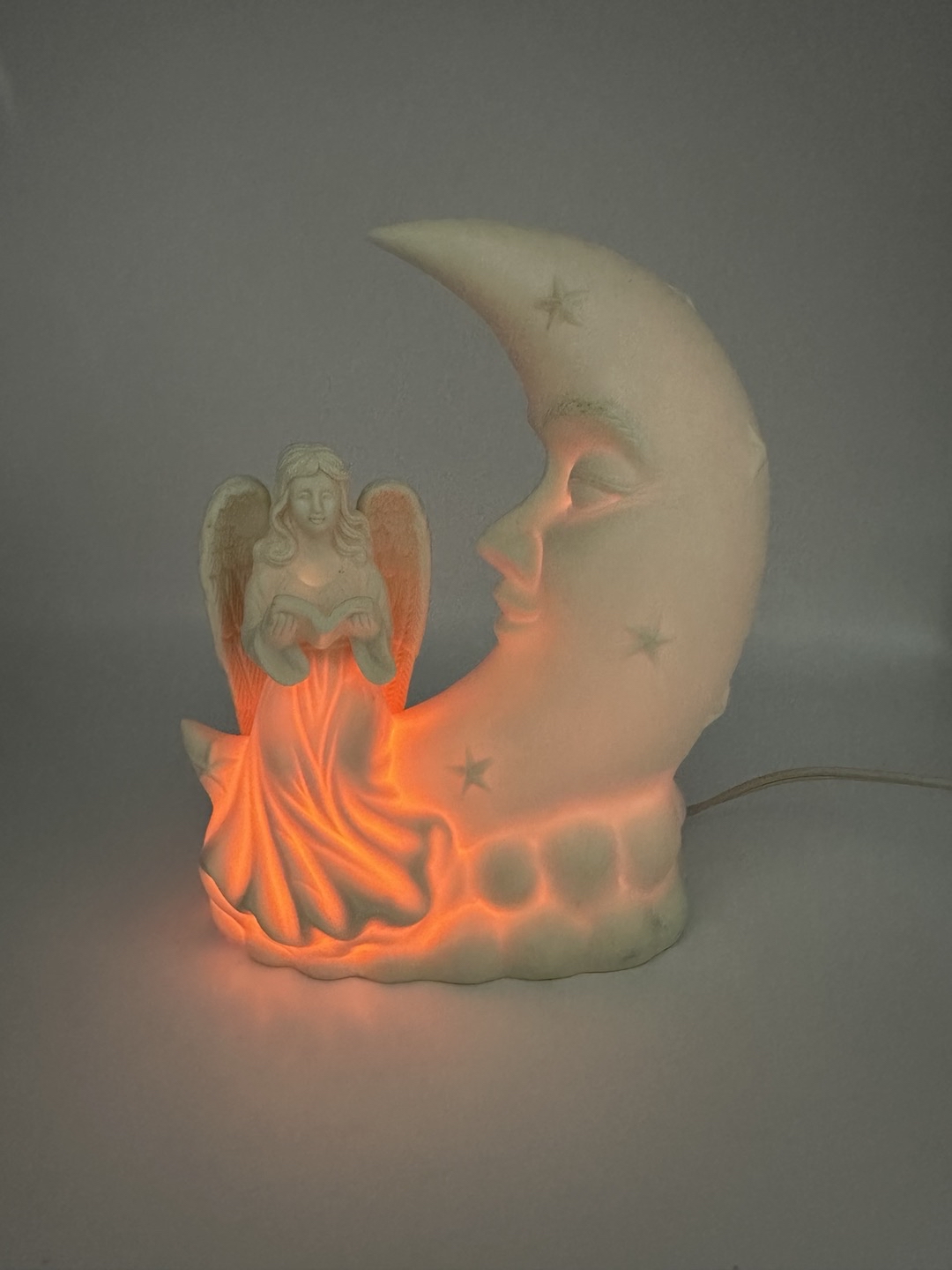 White Porcelain Winged Angel with Man In The Moon Night Light Nursery ...