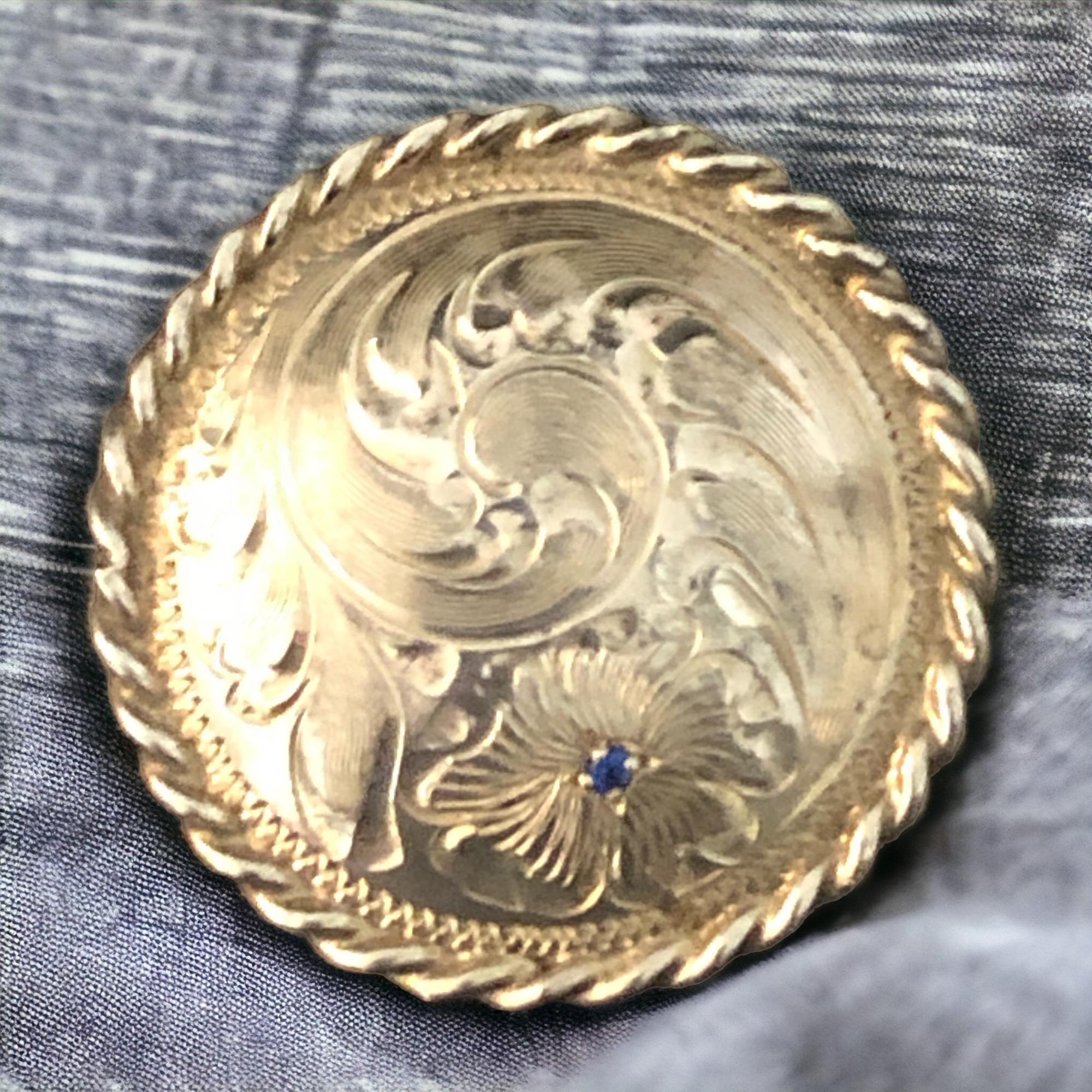 Sterling Silver Vintage Concho Western Brooch Pin Sapphire Chip