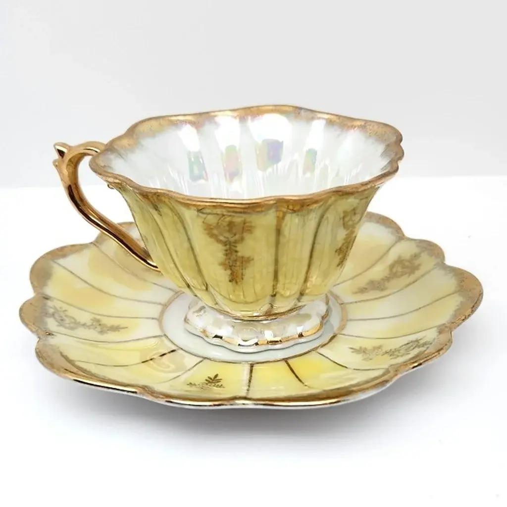 Fan Crest Vintage Cup and Saucer, 1978, Japan, Hand Painted Gold and Luster