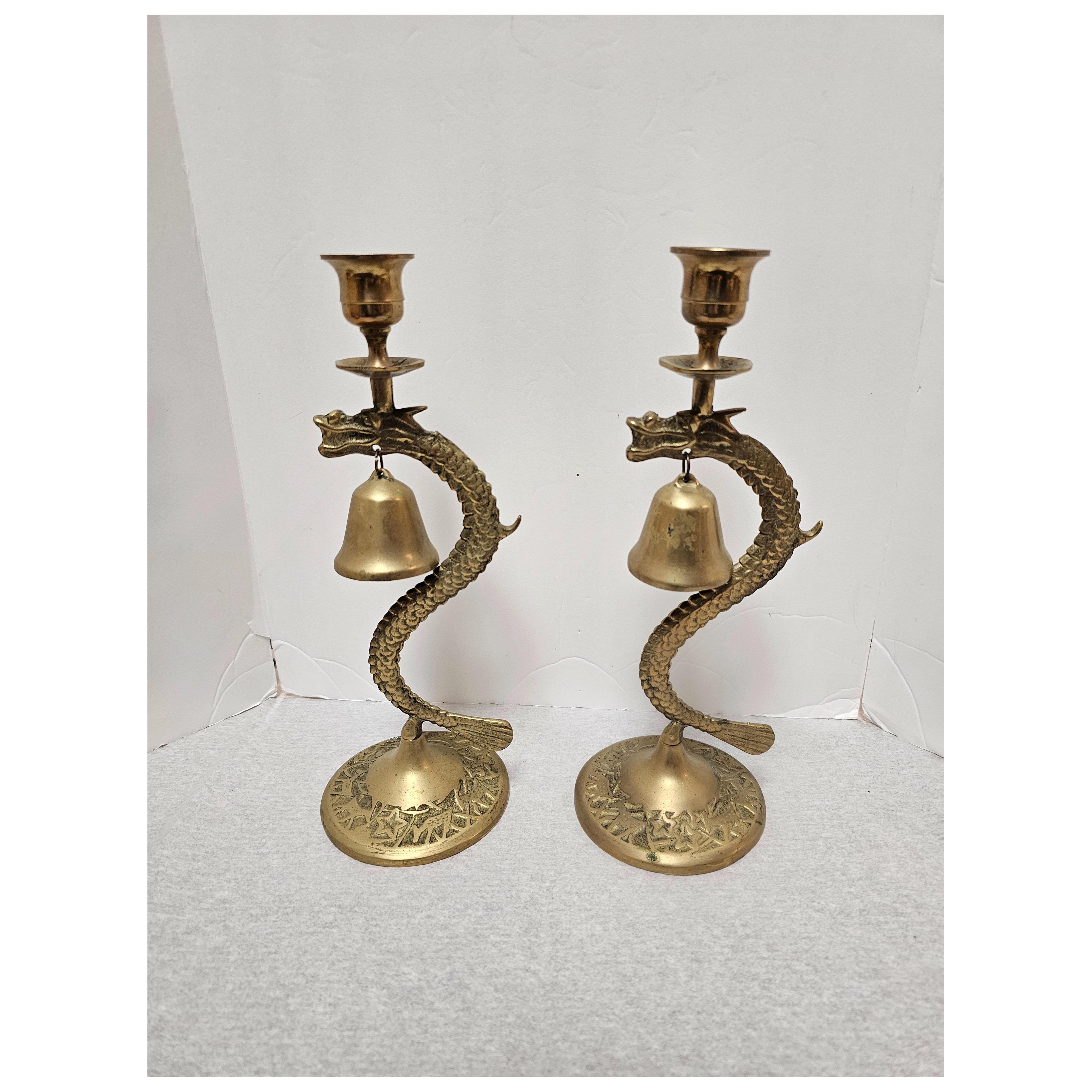 Chinese Brass Dragon Bell Candlesticks