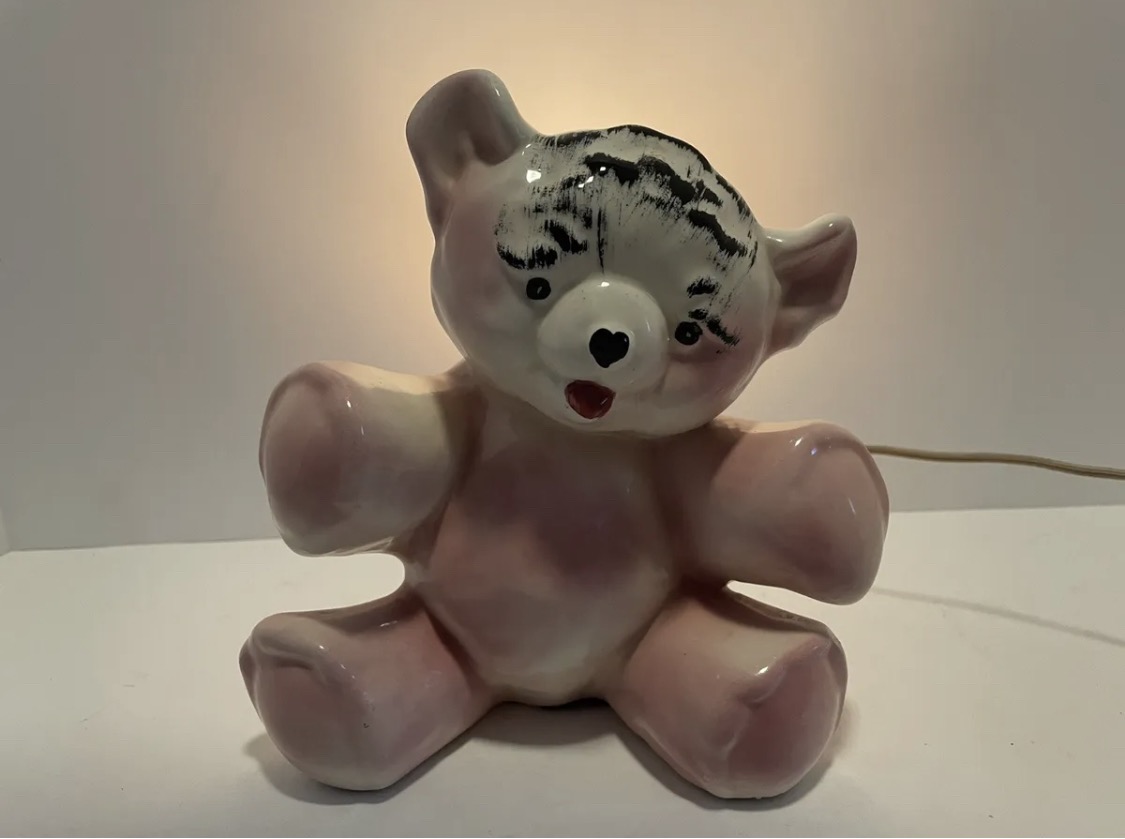 Vintage Ceramic Pink Teddy Bear Nursery Lamp Night Light 1950s Planter ...