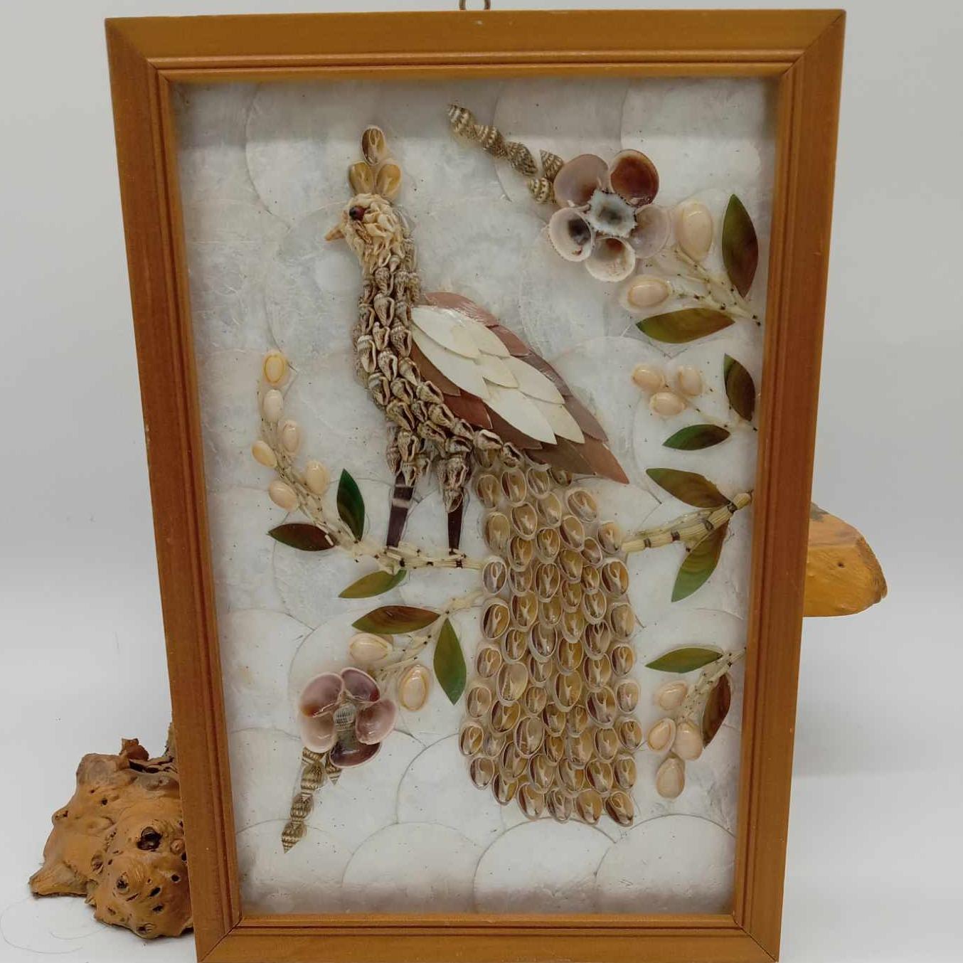 Wood framed seashell art, 3D, peacock, bird, capiz, flowers, branches ...
