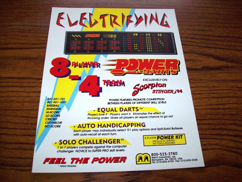 POWER DARTS MERIT 1990s ORIGINAL NOS VIDEO ARCADE GAME SALES FLYER Vintage