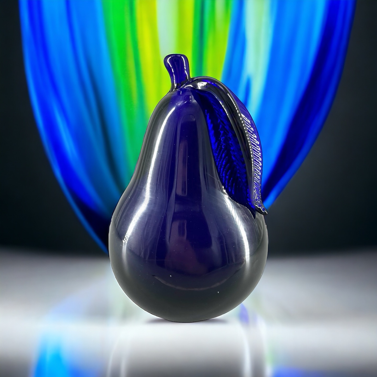 Vintage Mid Century Hand Blown Art Glass Pear Fruit Paperweight Cobalt Blue