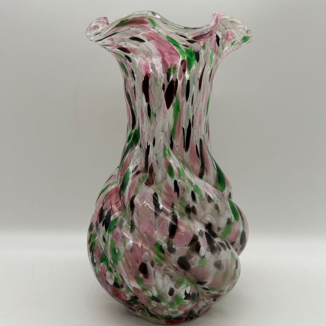 Vintage Hand Blown Art Glass Confetti Vase Splatter Ruffle Edge