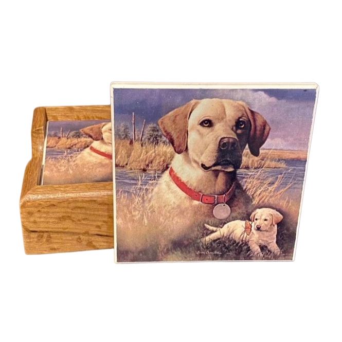 Set of 4 Vintage Yellow Lab Dog Tile Coasters and Wooden Holder