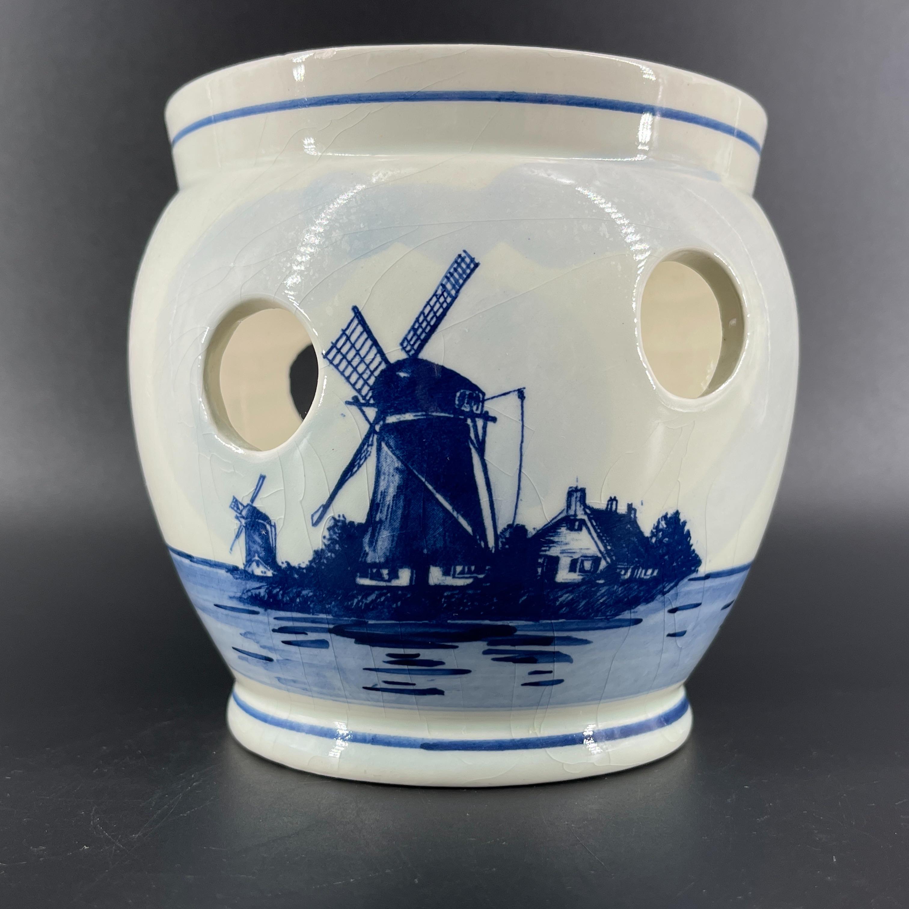 Vtg Delfts Blauw 5” Orchid Pot Hand Painted Sailboat Windmill Holland Dutch
