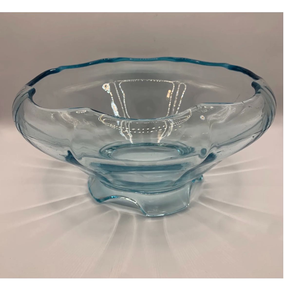 Vintage Aqua Blue Glass Footed Console Bowl Scalloped Edge