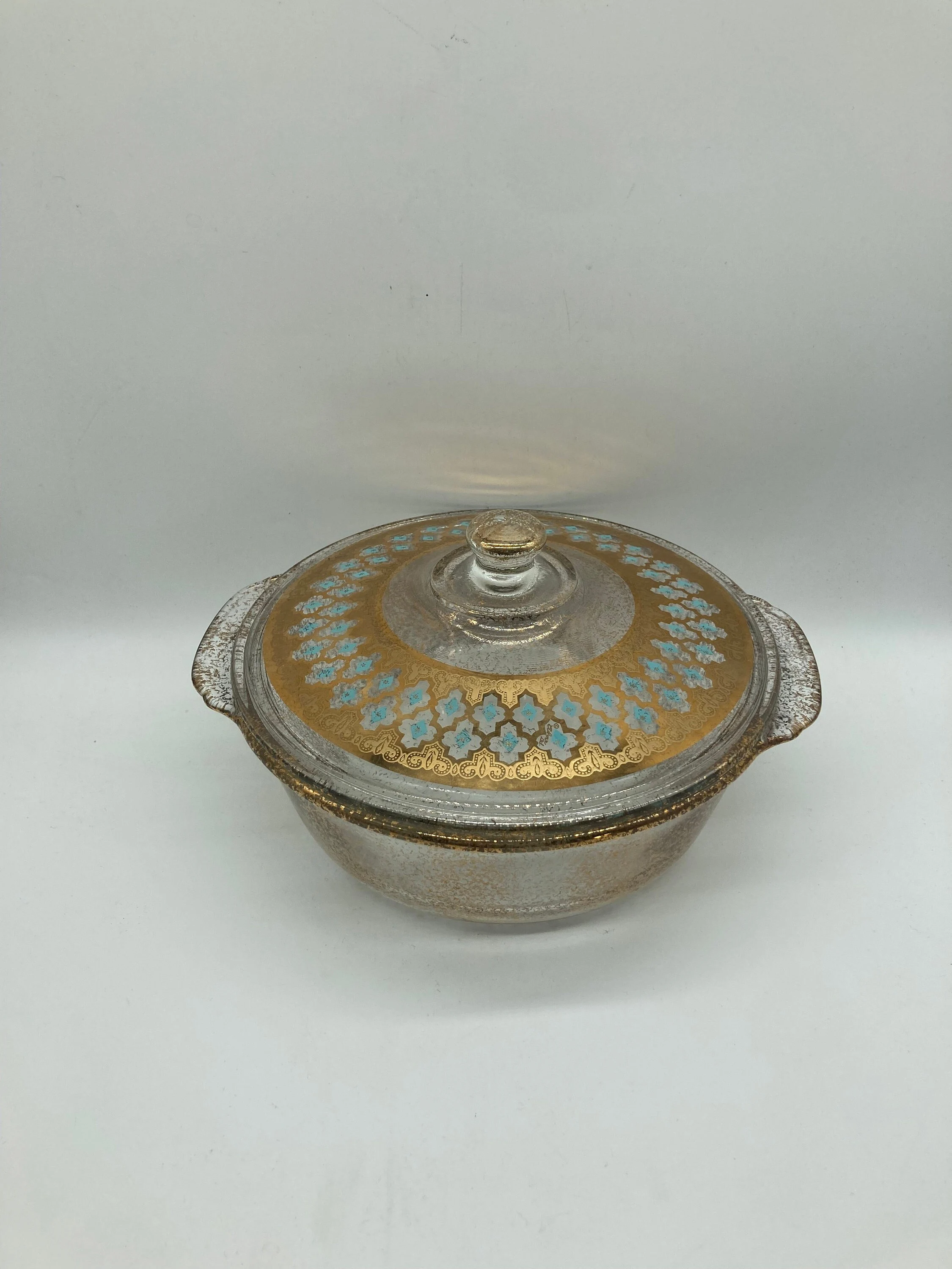Mid Century Fire King GEORGES BRIARD Gold Turquoise Casserole 2 Qt
