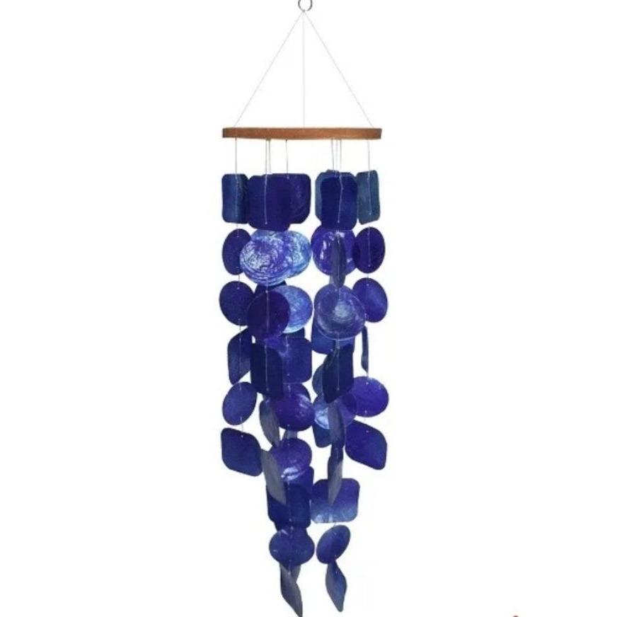 Deep Sea Blue Circle and Square Cascade Capiz Shell Wind Chimes Vintage