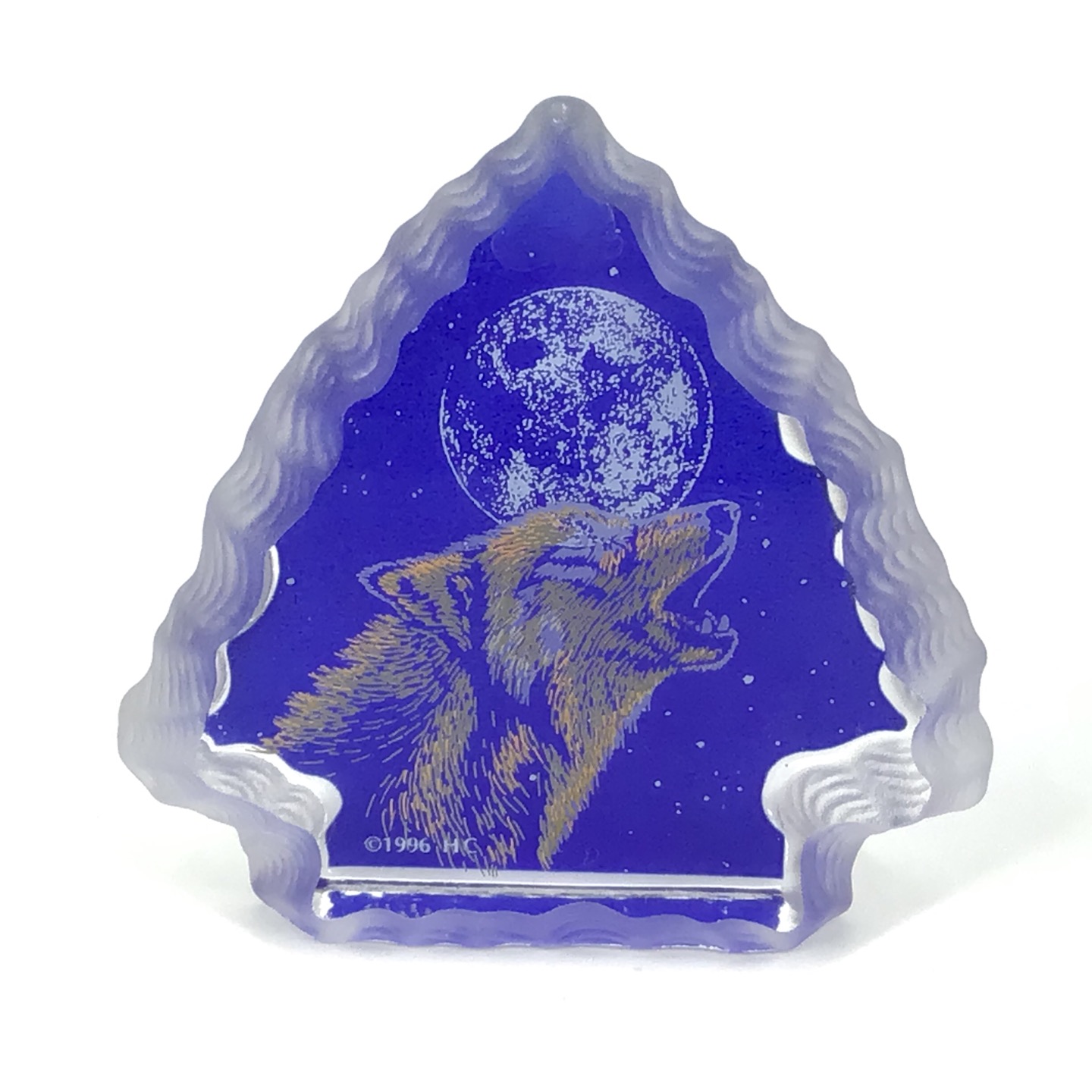 Arrowhead Cobalt Glass Paperweight Wolf Baying At The Moon