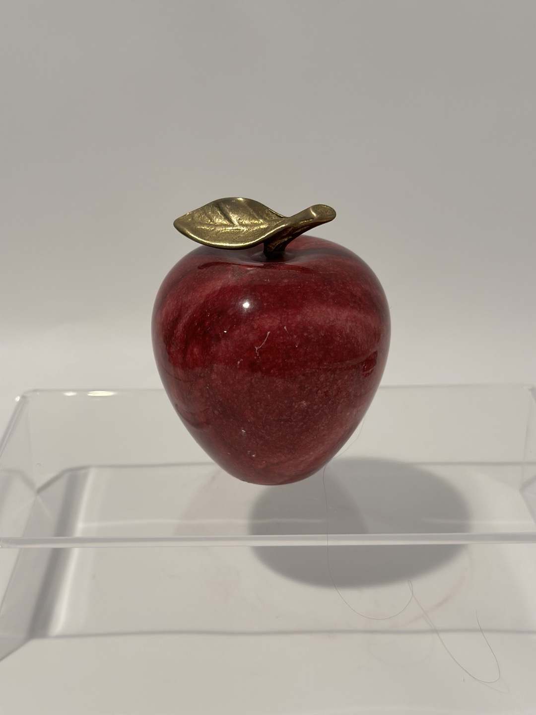 Vintage Red Marble Apple Paperweight with Brass Stem and Leaf 1.5 pounds