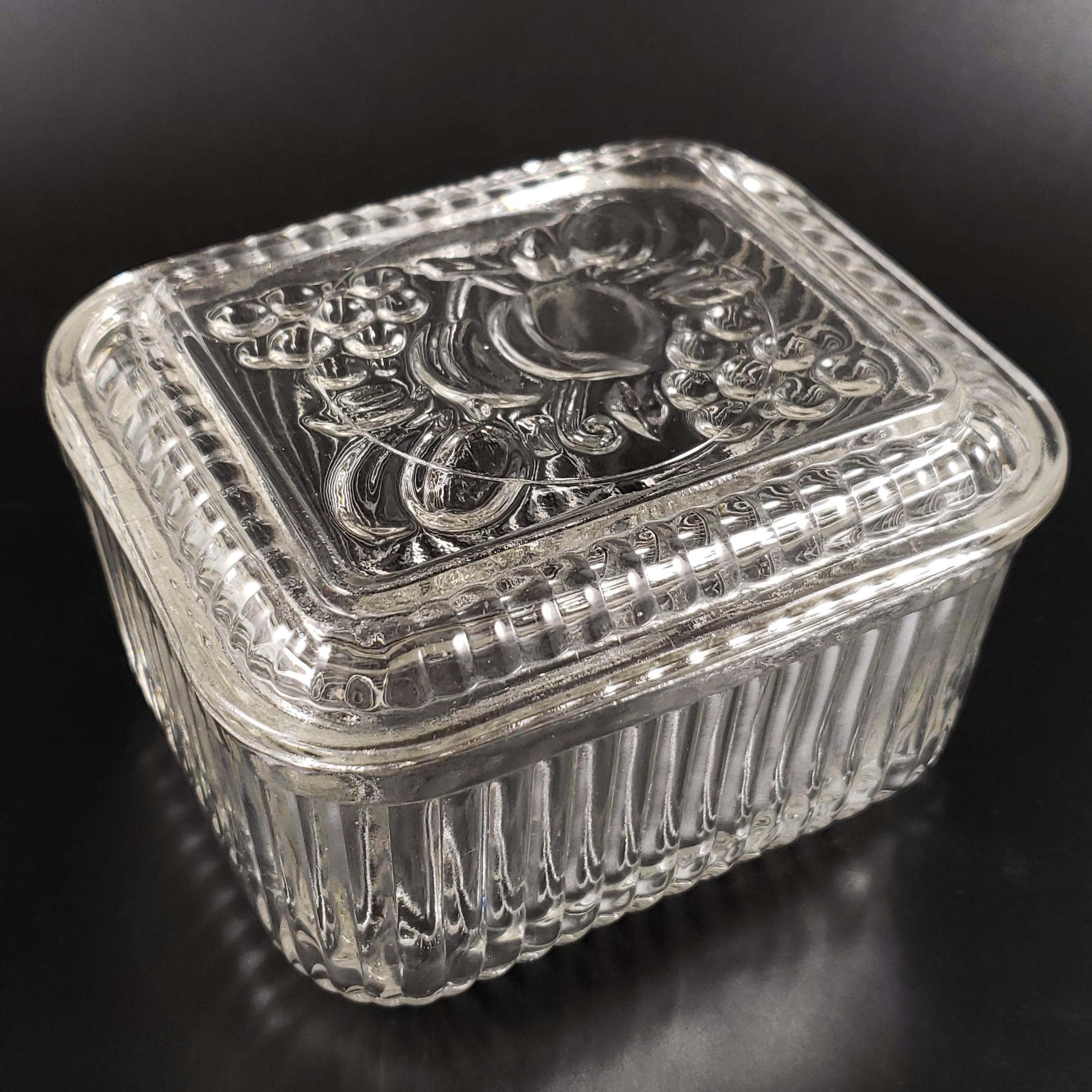 Vintage Clear Ribbed Glass Embossed Fruit Lid Refrigerator Dish
