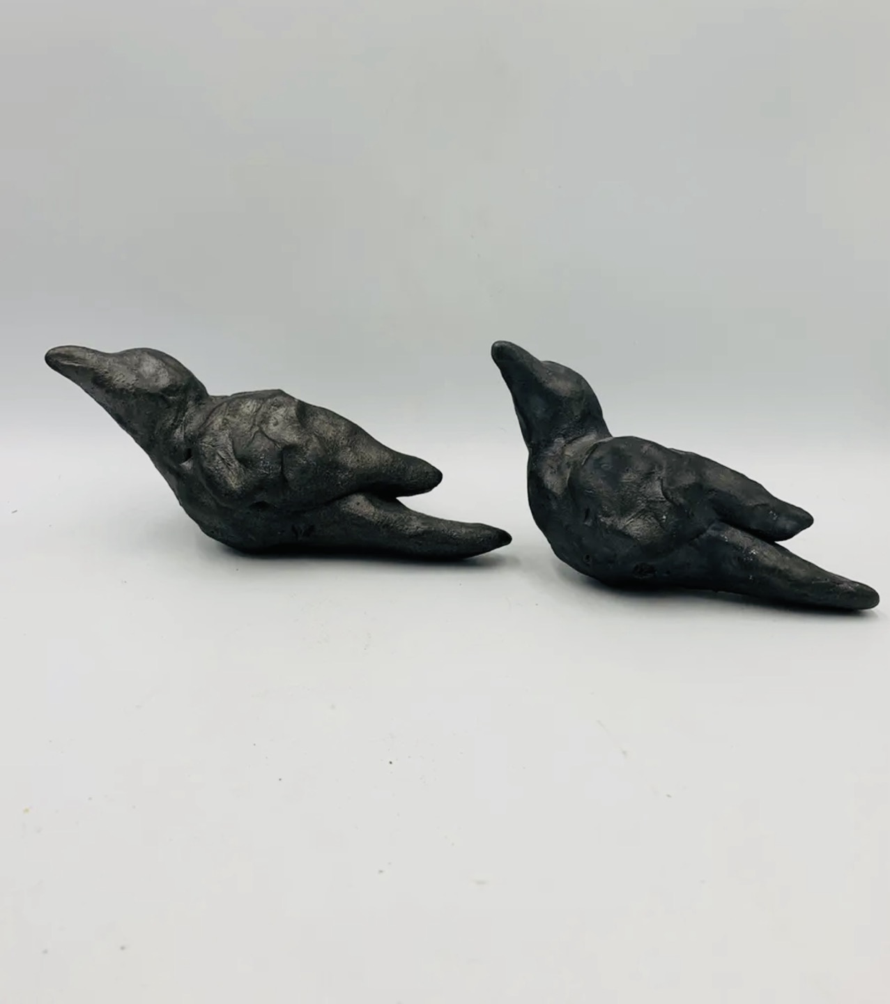 2 Hand Forged Art Pottery Crows Ravens Signed Metallic Black Glaze Folk ...
