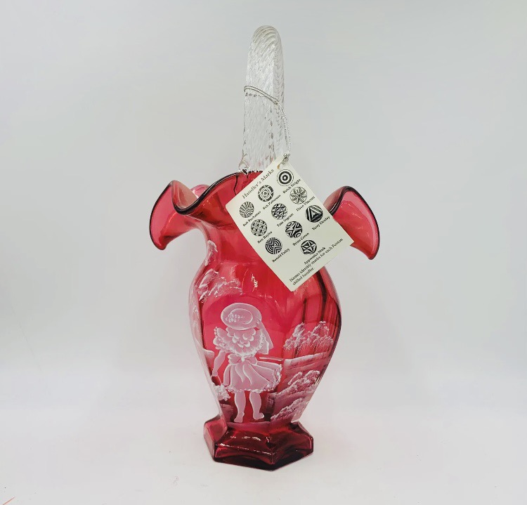 Fenton CRANBERRY Glass BASKET MARY GREGORY Pattern Girl W Basket ltd ed ...