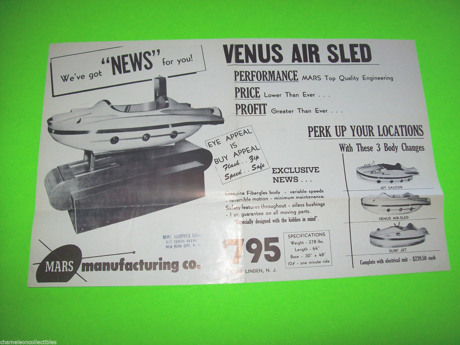 VENUS AIR SLED By MARS MFG. ORIGINAL KIDDIE RIDE PROMO SALES FLYER ...