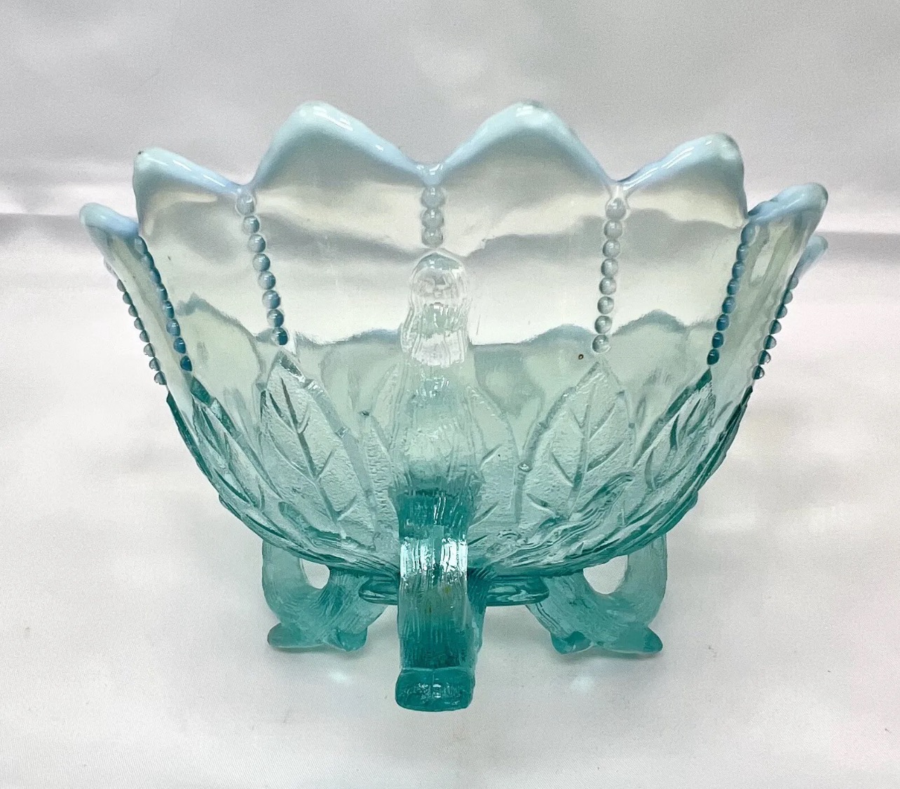 Glass Three Footed Bowl Leaf and Beads Blue Opalescent by Northwood Antique