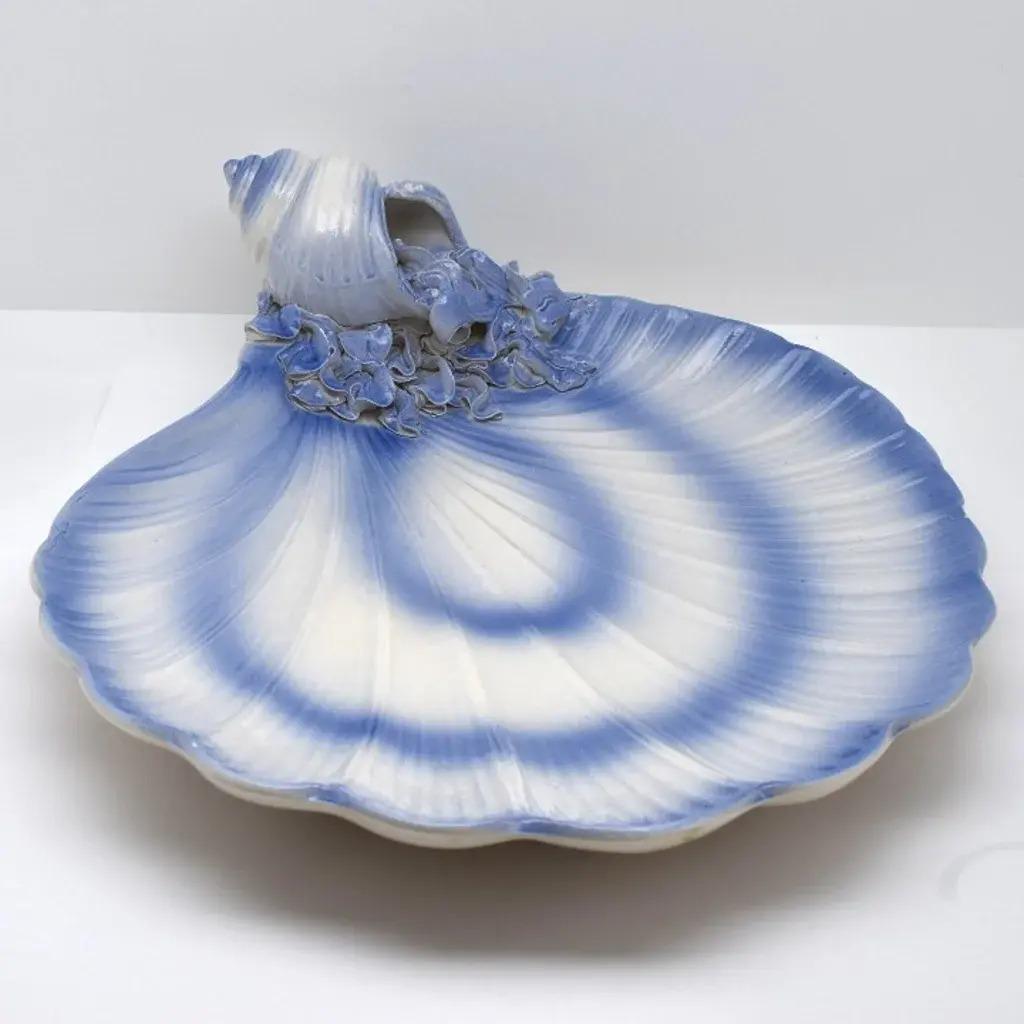 Handcrafted Ceramic Blue and White Shell Plate