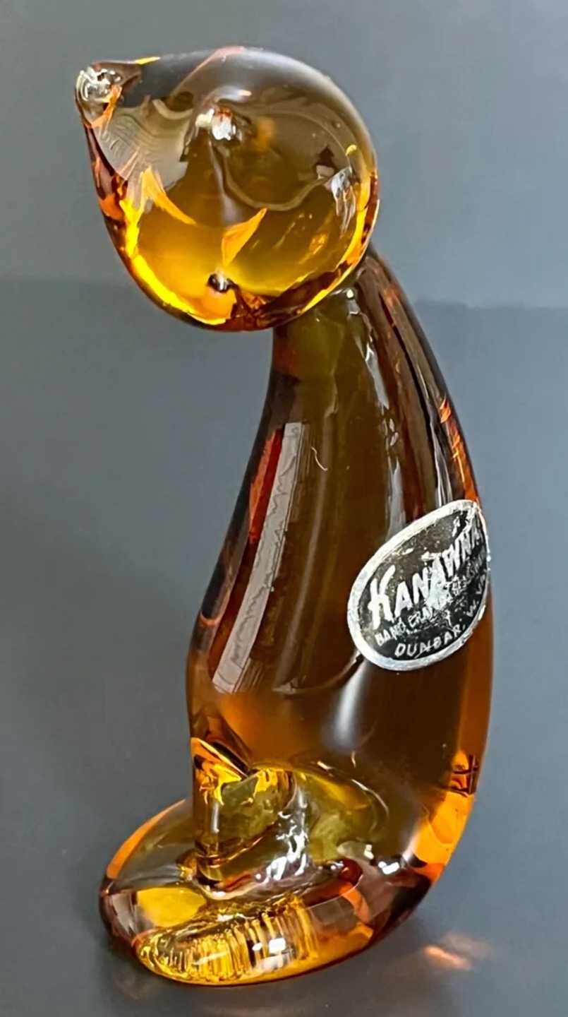 #44 KANAWHA Amber Art Glass CAT Figurine Curved Back 5”🐈