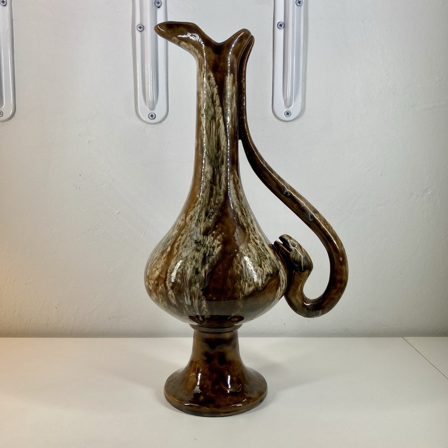 70s SNAKE Handle Ceramic PITCHER/DECANTER Drip Glazed EWER Signed LILI ...