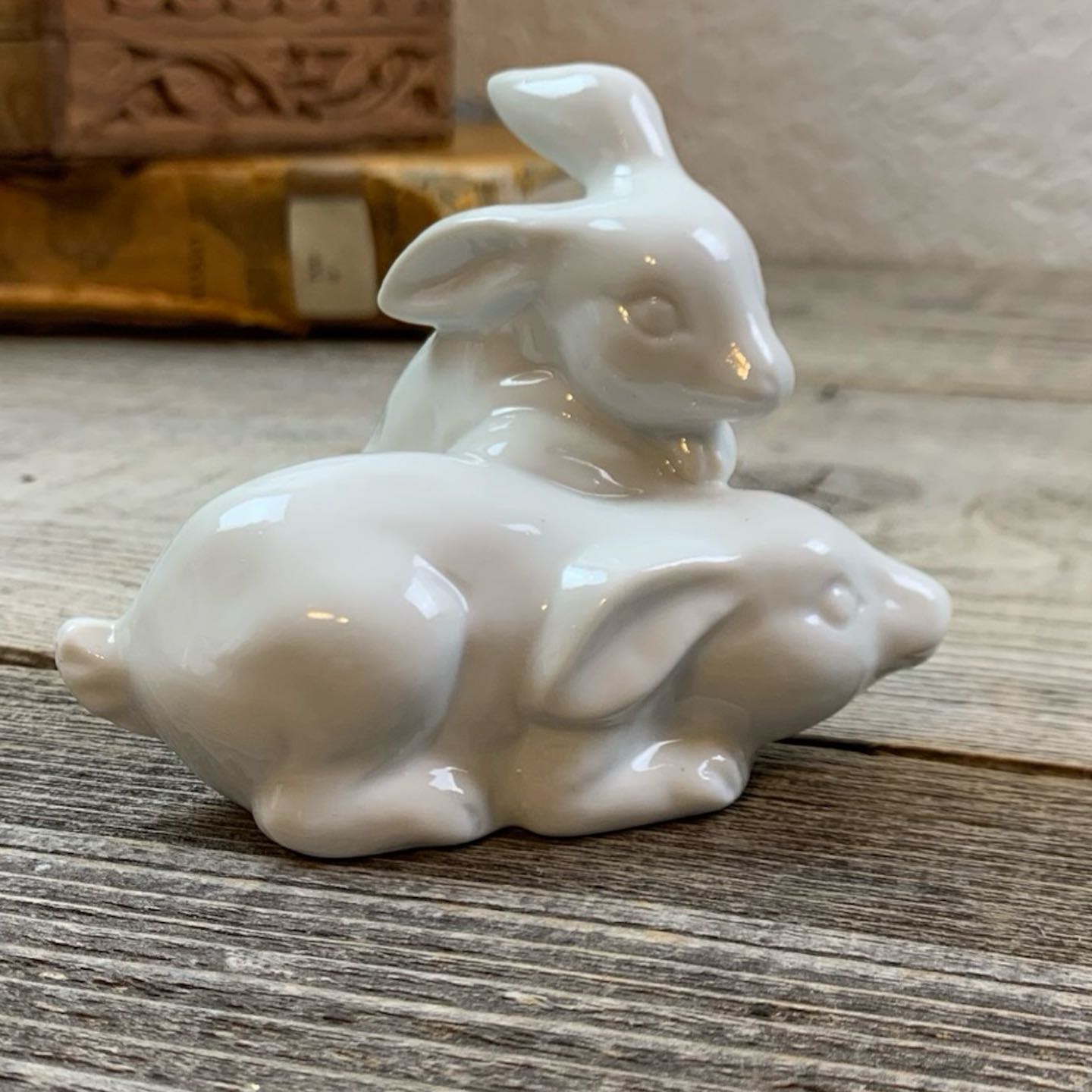 Vintage White Rabbits/Bunnies Pair Miniature Ceramic Figurine