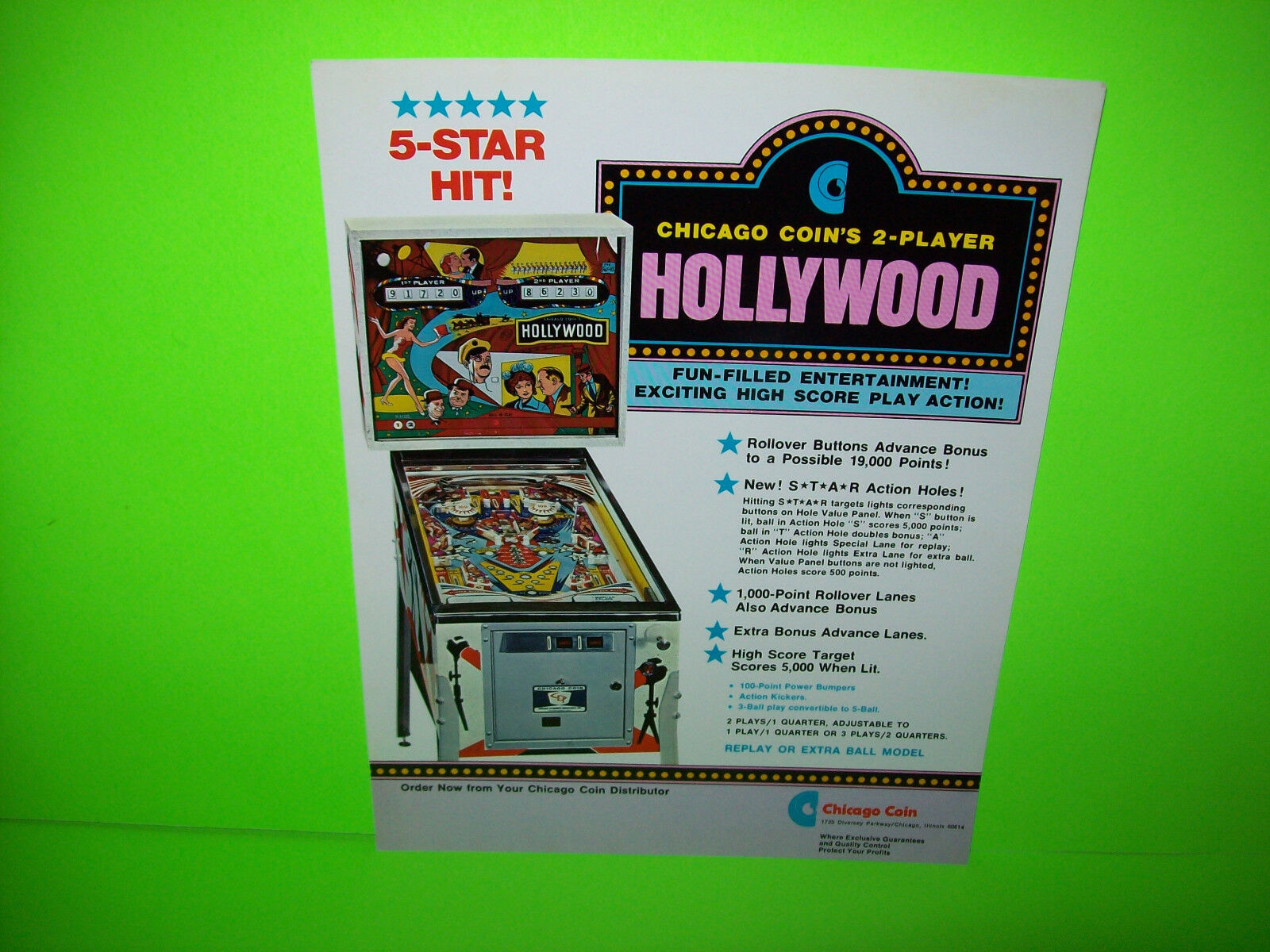 Hollywood Pinball Flyer Vintage Chicago Coin Original 1976 Game Art 8.5 ...