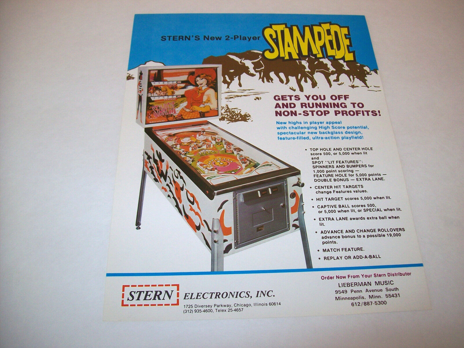 STAMPEDE 1977 ORIGINAL NOS PINBALL MACHINE SALES FLYER Vintage Retro ...