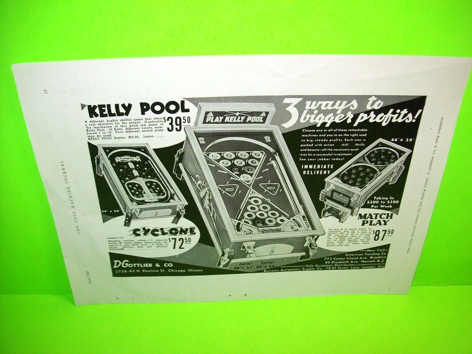 1935 Cyclone Kelly Pool Match Play Original Pinball Machine Ad Vintage