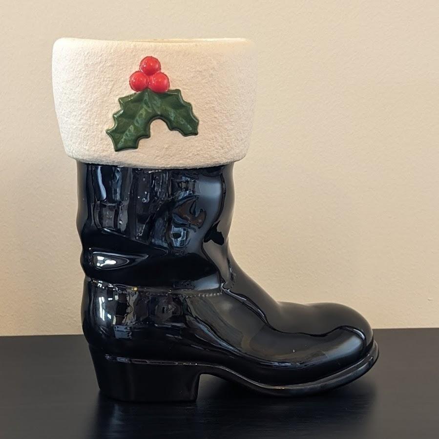 Vintage Ceramic Santa Claus Boot Vase - Black Glaze w/ Holly & Berries ...