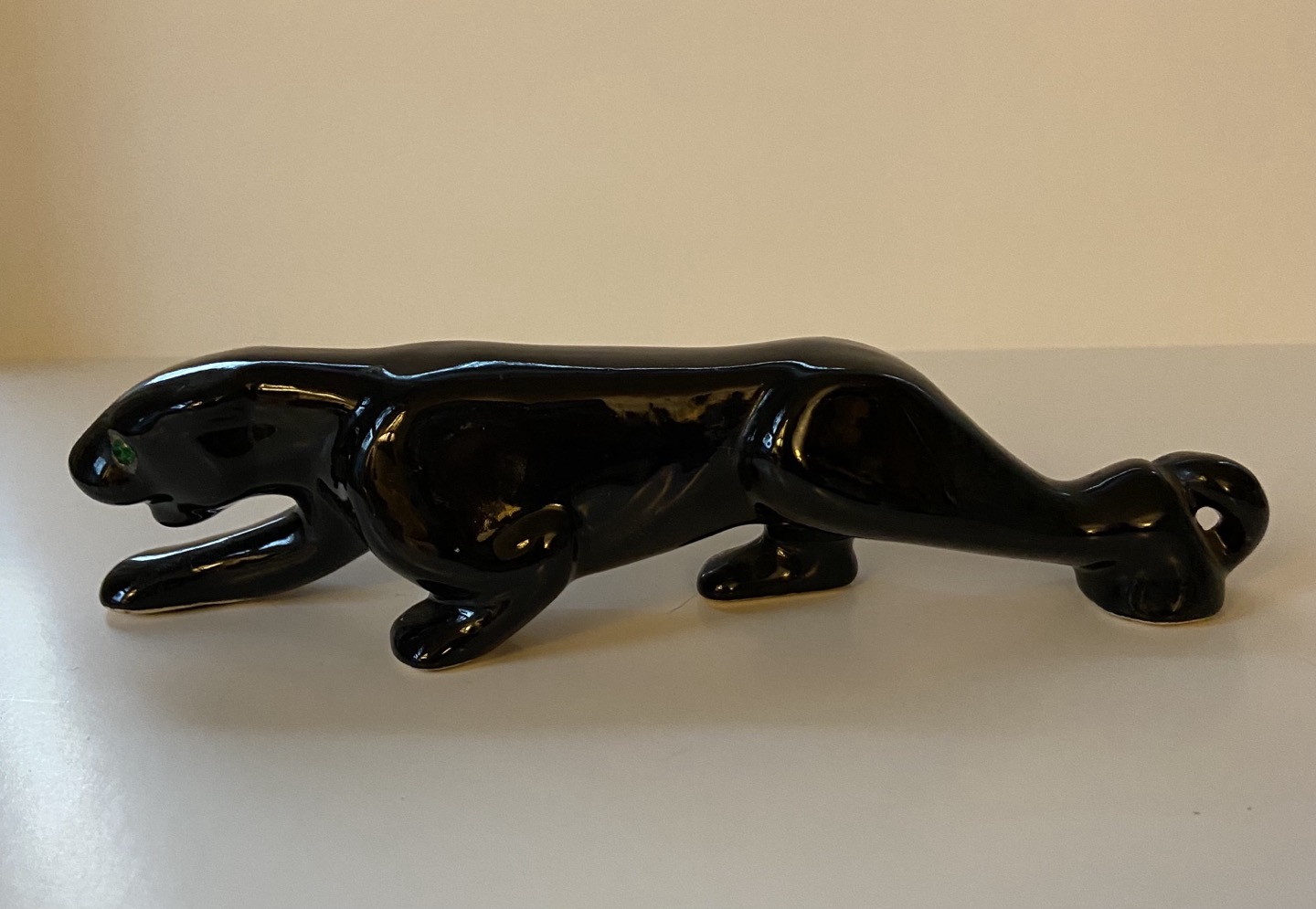 Black Ceramic Panther With Green Rhinestone Eyes 9” X 2”3”
