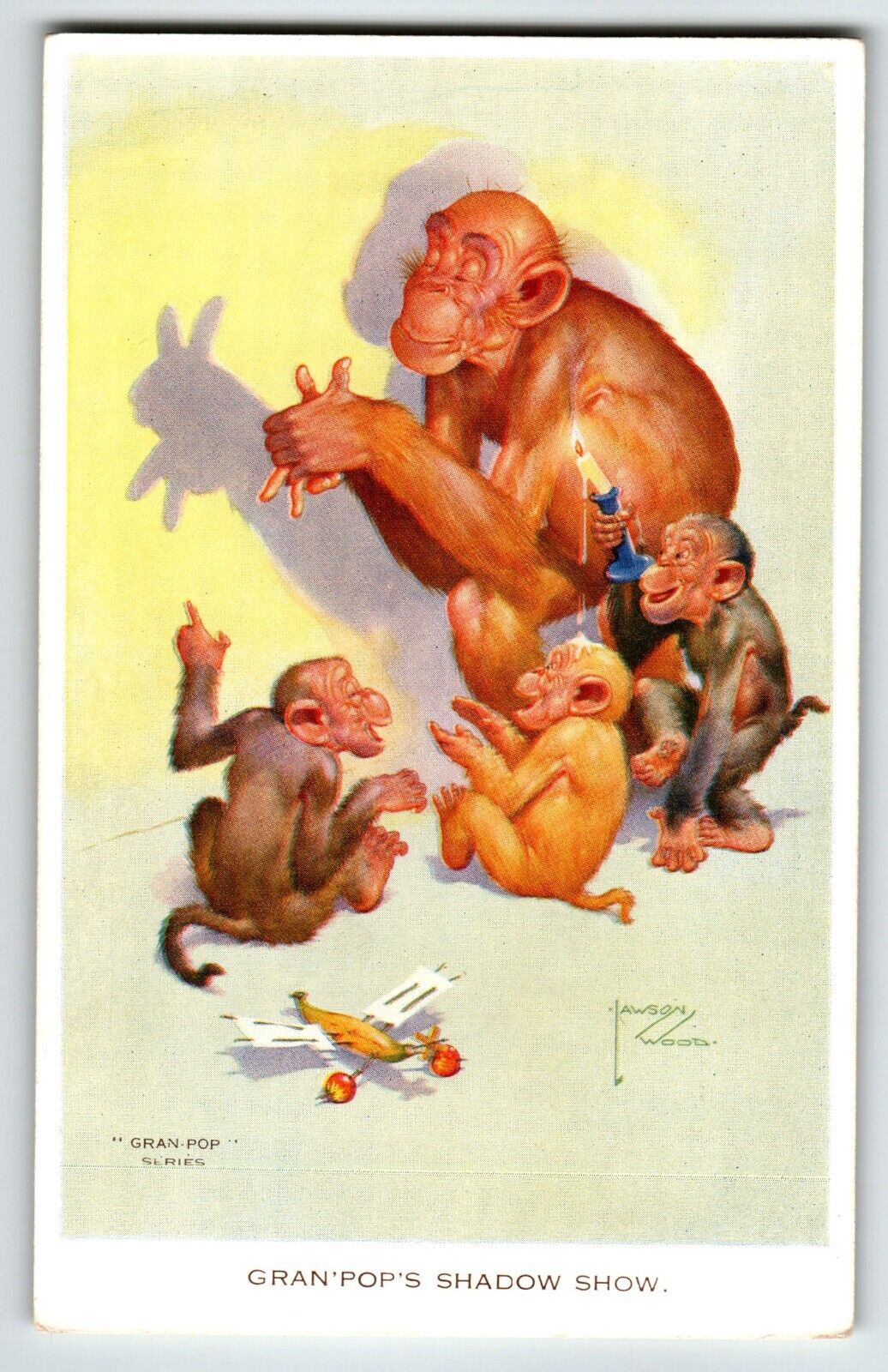 Monkey Chimps Shadow Puppets Postcard Larson Wood Signed Fantasy ...