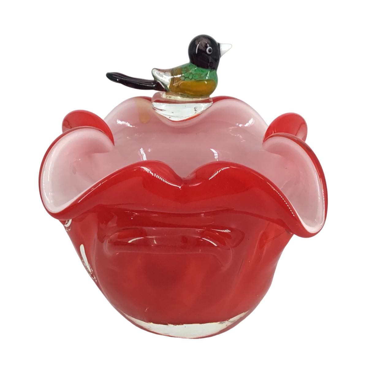 Bird On Ruffle Candy Bowl Hand Blown Cased Glass