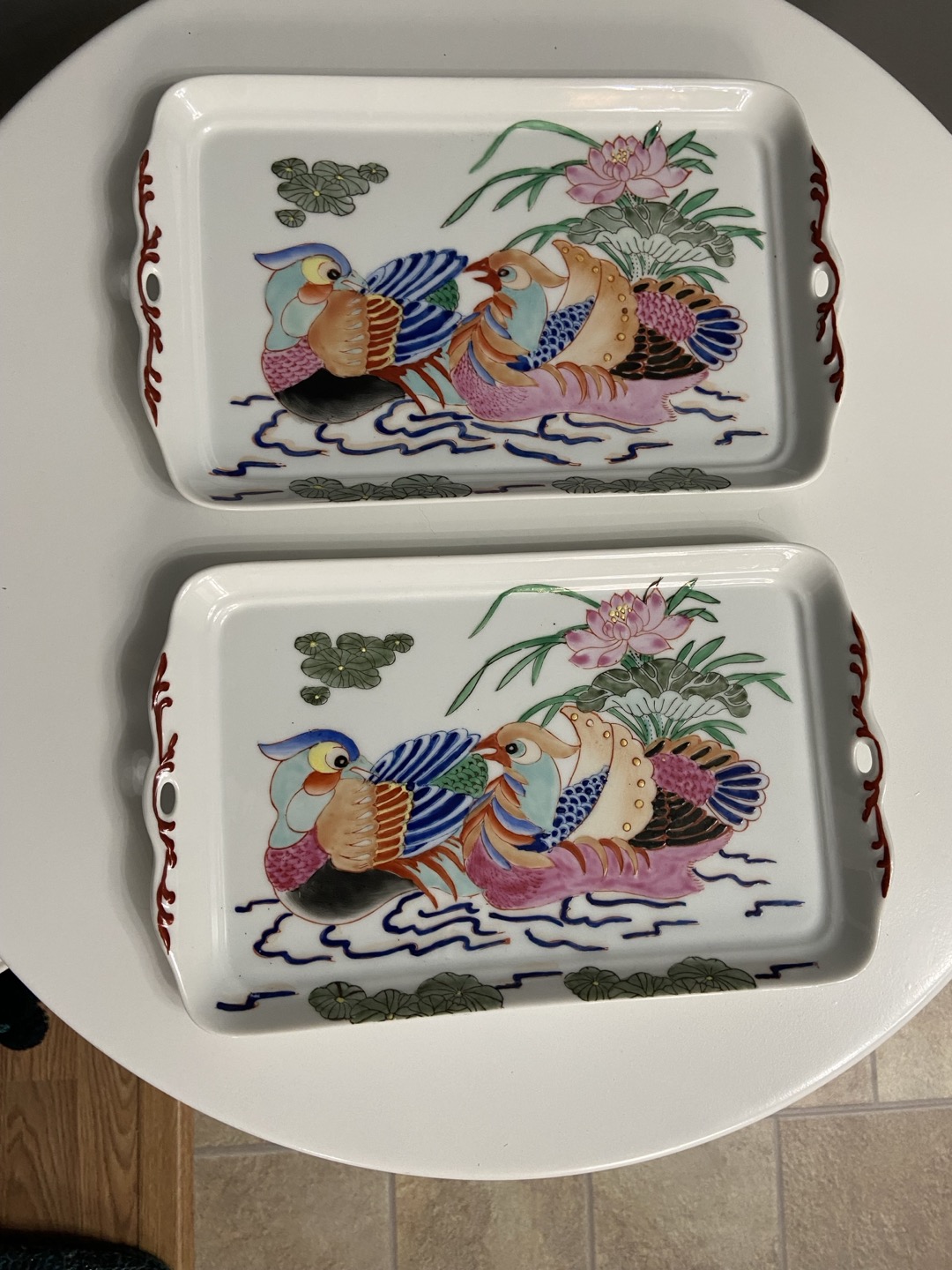 Vintage 2 Porcelain Tray Beautiful Colors Mandarin Ducks 11x6.5 In.