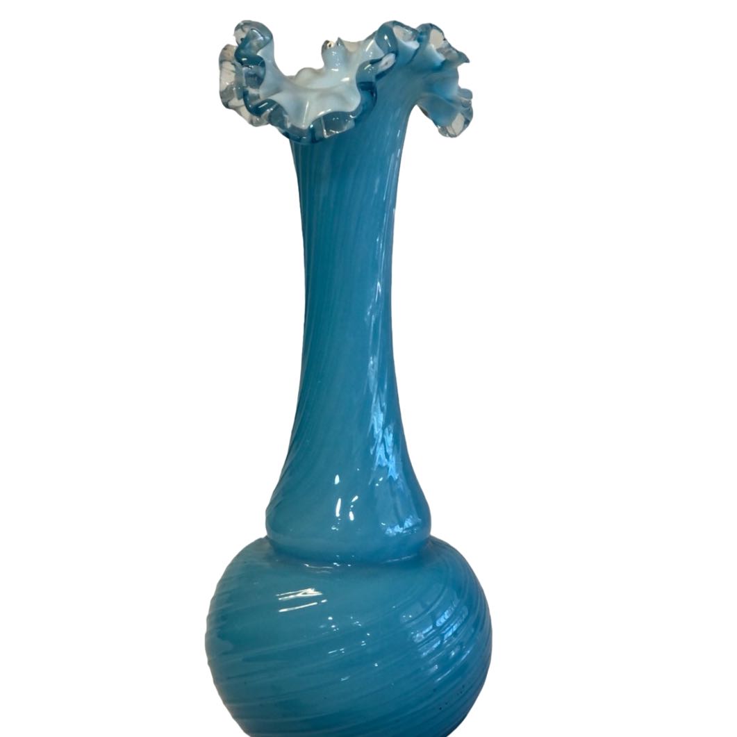 Blue Fenton Glass Vase Fluted Optic Spiral Vintage Silver Crested Crimp ...