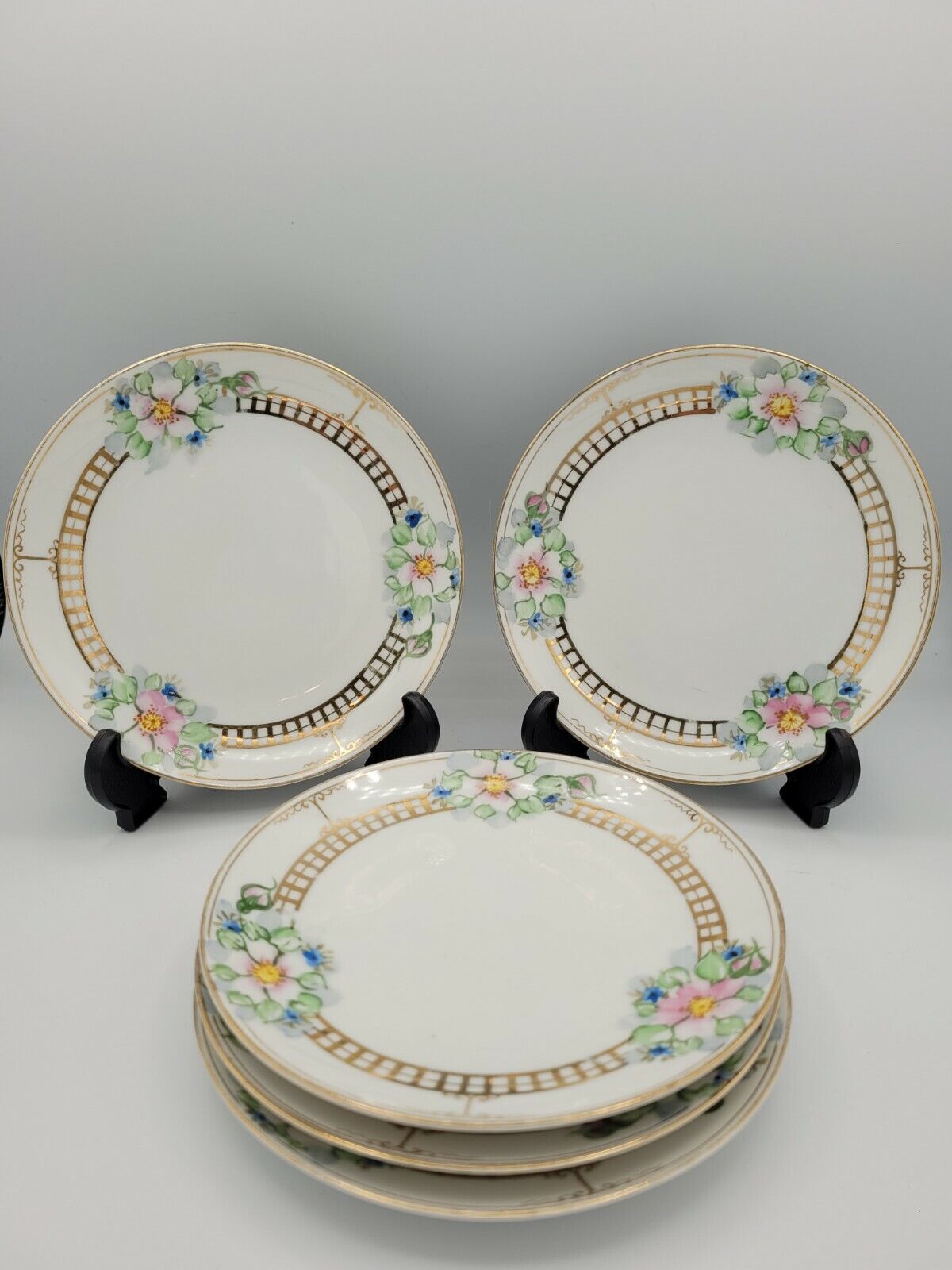 Nippon Hand Painted Dessert Plates Floral with gold Gingham Trim set of 5