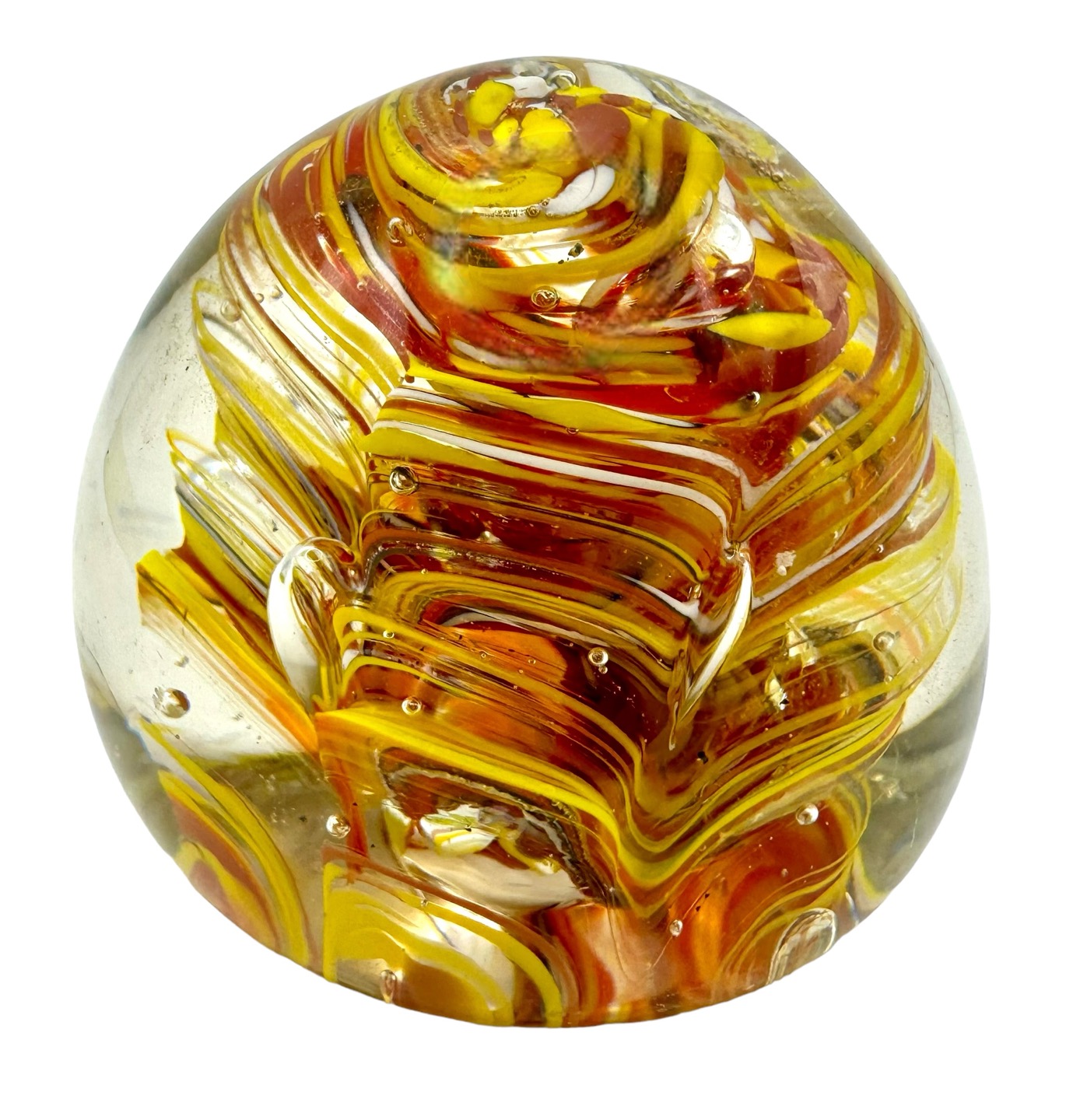 Art Glass Paperweight Round Swirl Red Yellow Ribbon Bubble India 2”