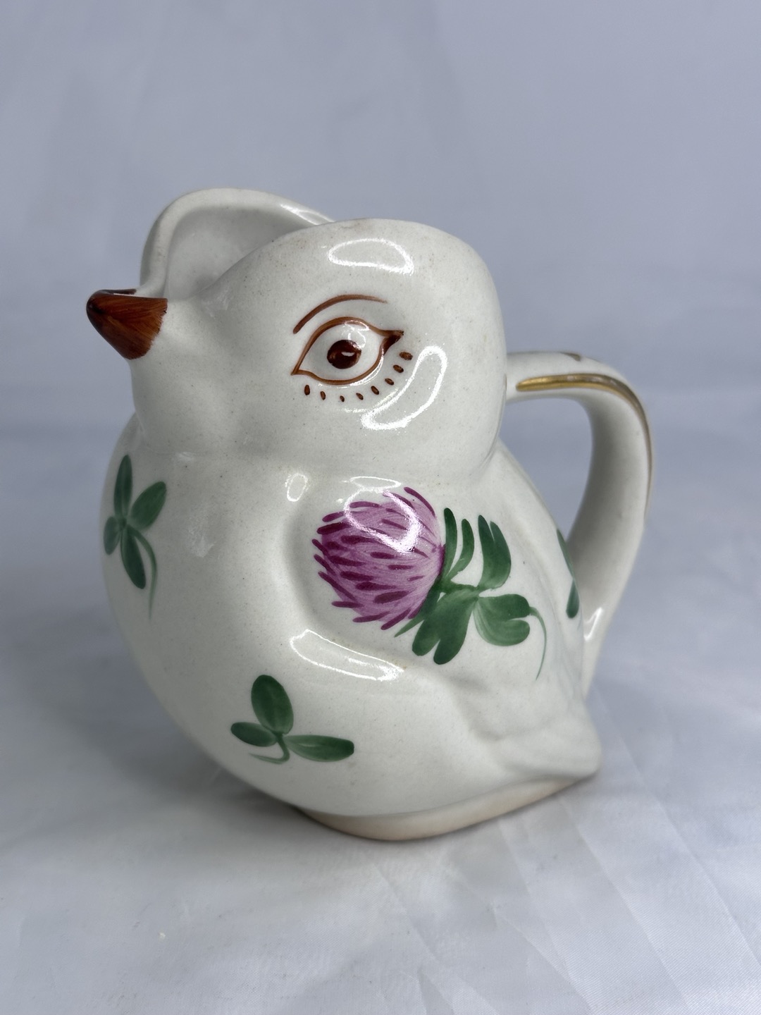 Vintage Small Hand Painted Bird Pitcher Featuring Thistles And Clovers