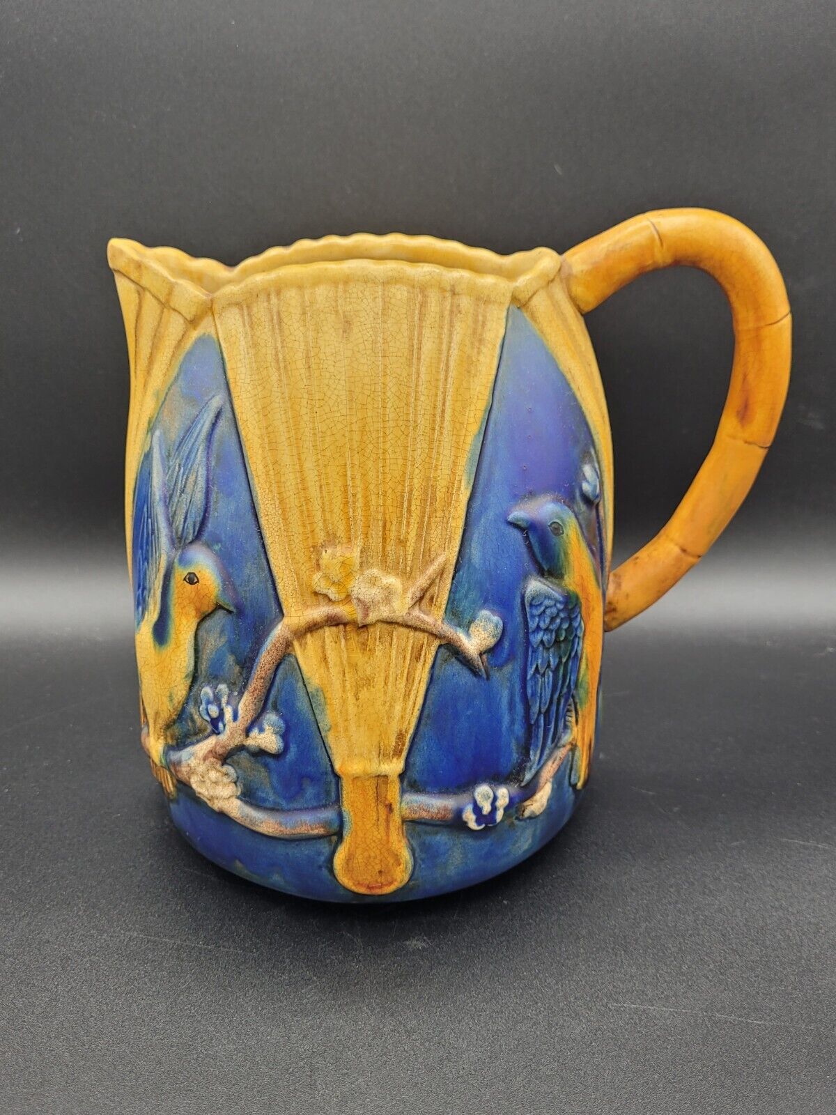 Antique Pitcher With Birds On Cherry Blossom Tree Bamboo style handle