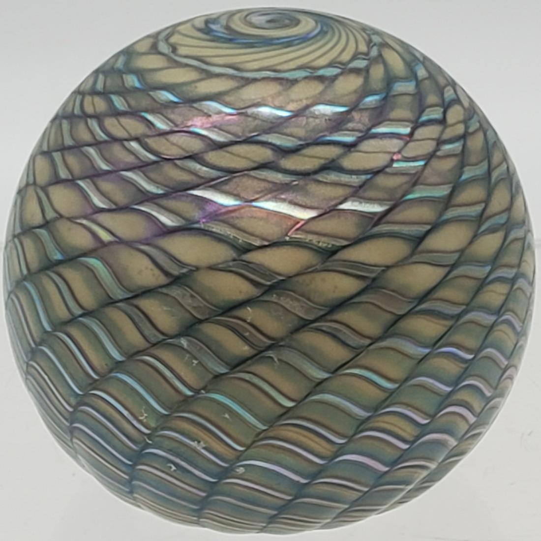 Vintage Stuart Abelman 1989 Art Glass Paperweight Gold & Blue Threading ...