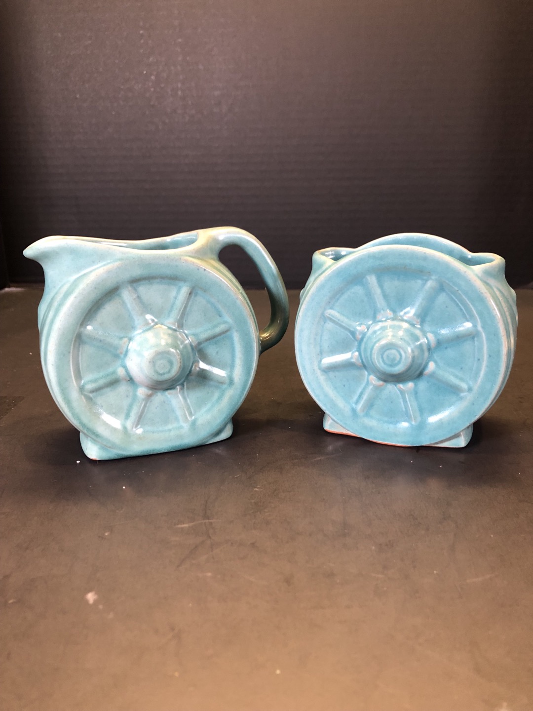 Vintage Turquoise Blue Frankoma Pottery Wagon Wheel Sugar And Creamer Set