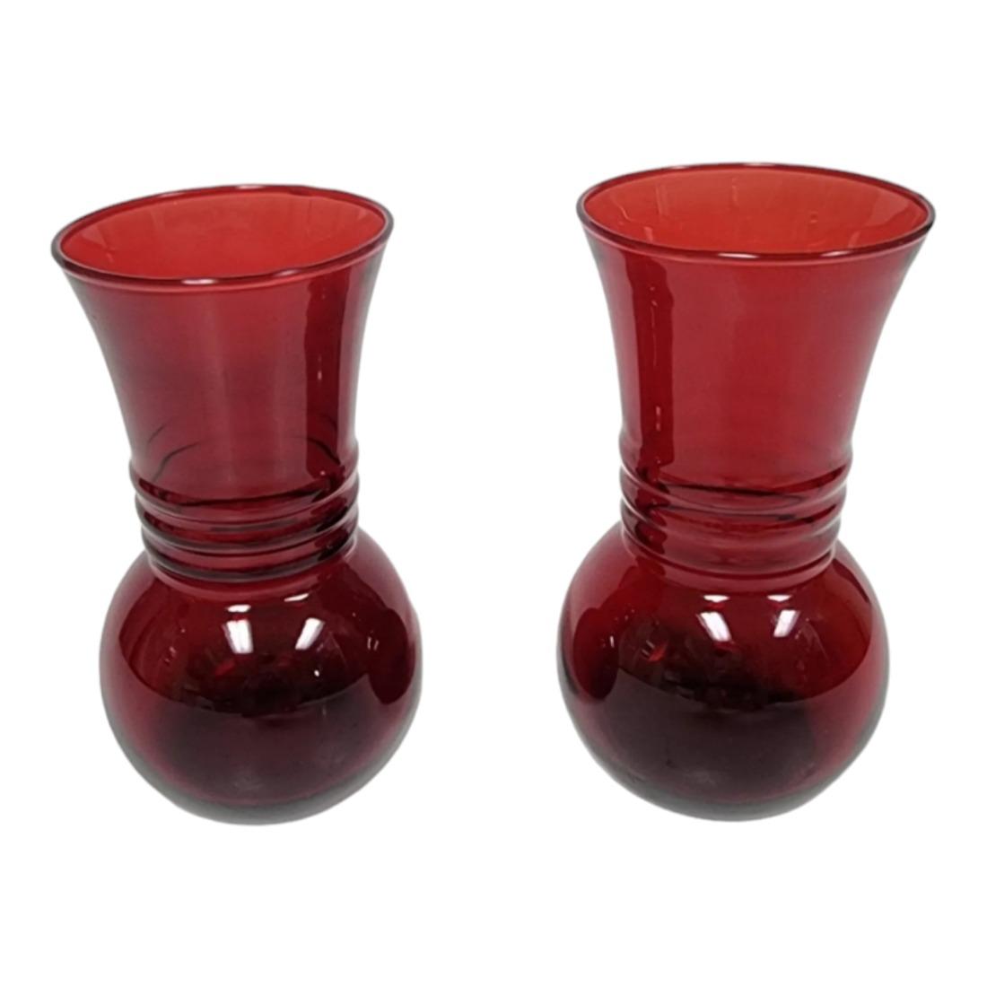 Anchor Hocking Royal Ruby Red Bud Vase Set 6 3/4" Ribbed Neck