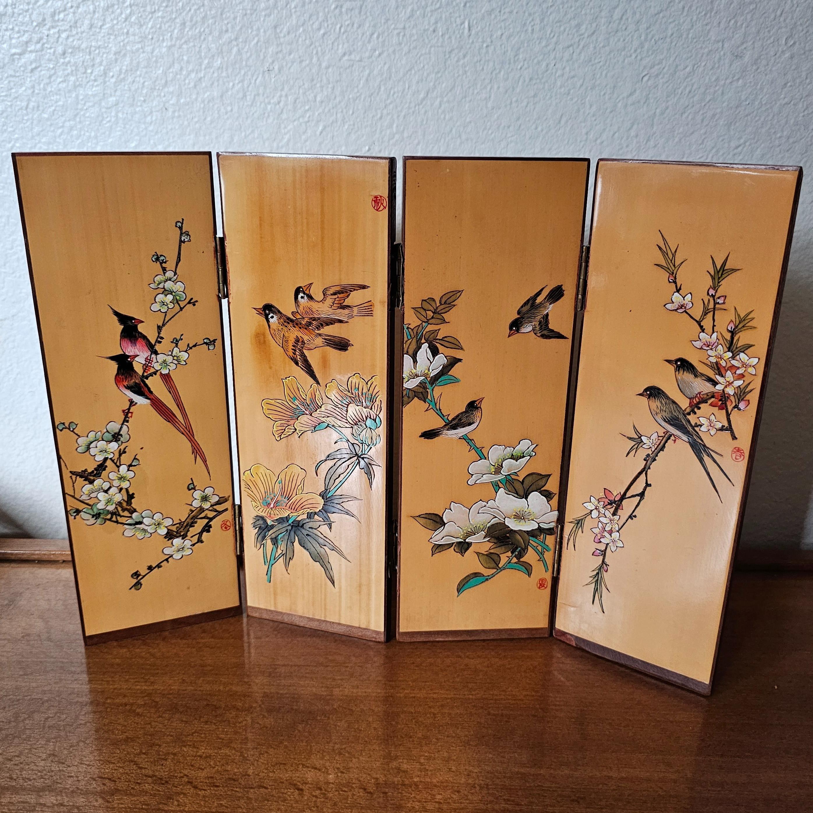 Hand Painted Asian 4-Panel Wood Table Top Screen Cherry Blossoms Birds 10"