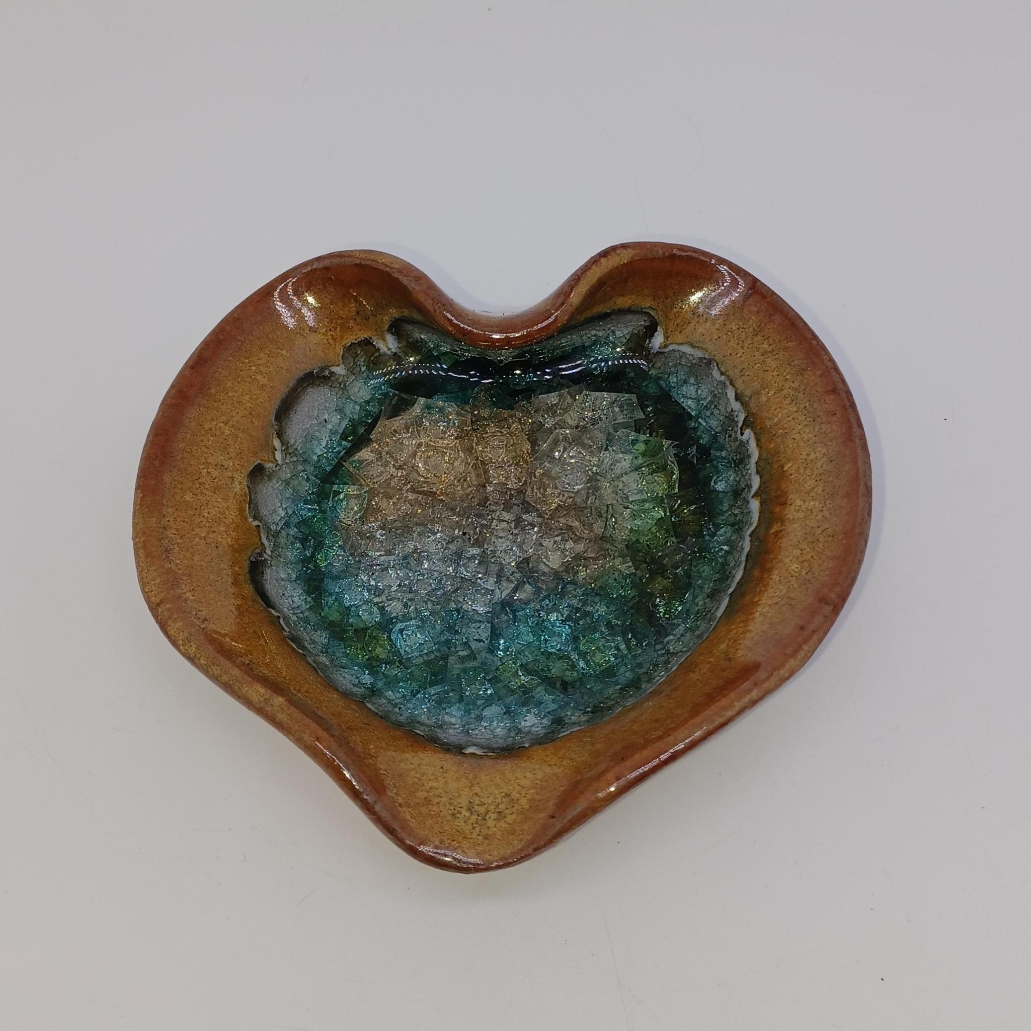 Art Pottery Heart Shape Ceramic Small Dish 3.5" W Crushed Glass Bottom USA